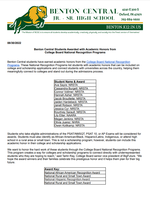 College Board National Recognition Program Benton Central Jr Sr High